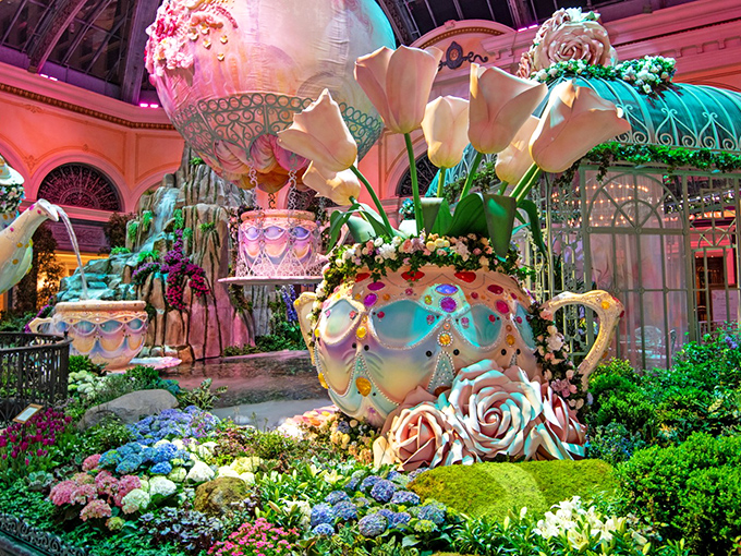 Oversized teacups and tulips that would make Alice in Wonderland feel right at home in this floral fantasy.