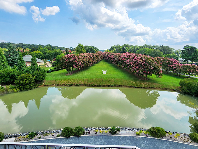 Mirror-perfect reflections create nature's ultimate selfie spot. The crape myrtle all&eacute;e frames the water like Mother Nature's own red carpet.