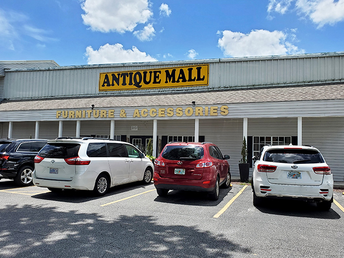 The unassuming exterior of Traditions Antique Mall belies the wonderland of nostalgia waiting inside. Florida's sunshine seems to spotlight this treasure hunter's paradise.