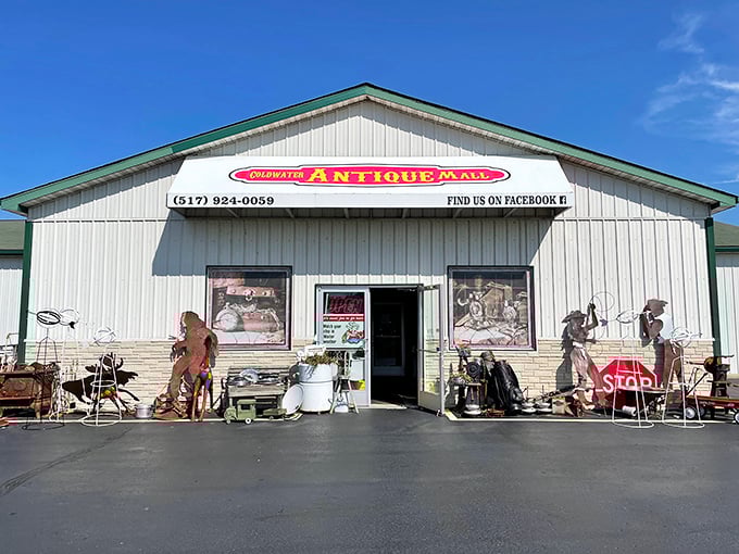 The unassuming exterior of Coldwater Antique Mall belies the treasure trove within, with vintage finds already spilling onto the entrance porch.