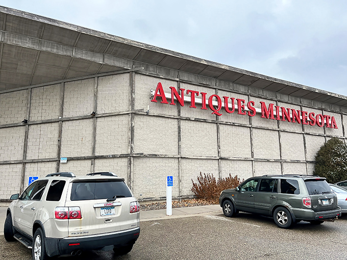 The unassuming exterior of Antiques Minnesota belies the wonderland within. Those bold red letters promise adventure for anyone brave enough to step inside.