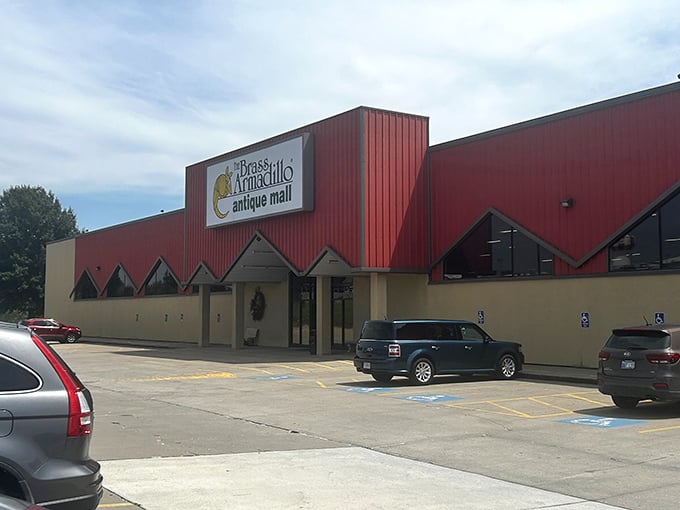 The iconic red exterior of Brass Armadillo beckons treasure hunters with its whimsical armadillo logo. Inside lies a labyrinth of memories waiting to be discovered.