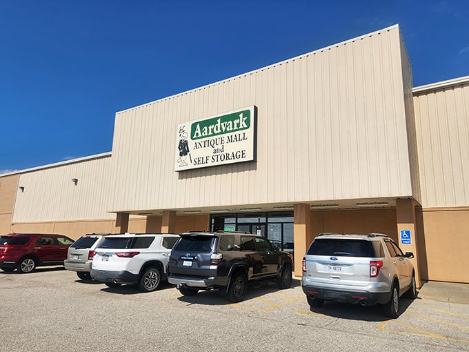 The unassuming exterior of Aardvark Antique Mall belies the treasure trove within. Like a time machine disguised as a strip mall storefront.
