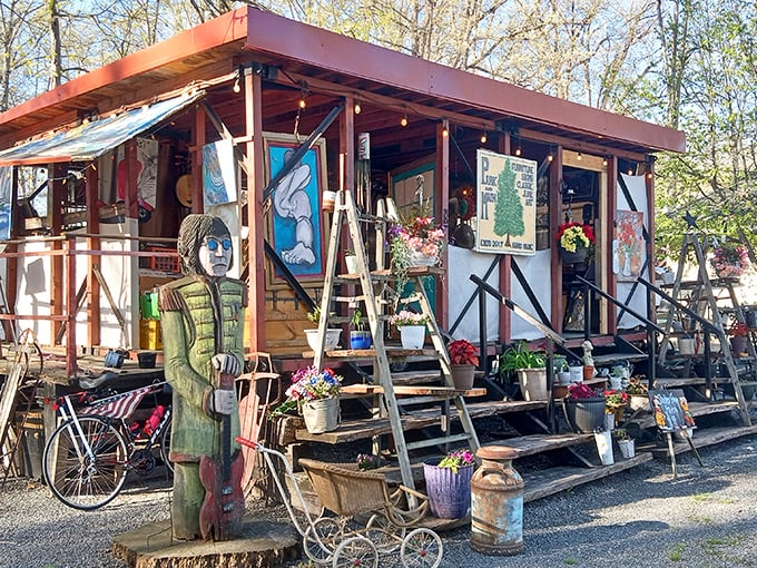 A rustic cabin beckons with whimsical treasures, including a wooden folk art figure standing guard like a time-traveling sentry.