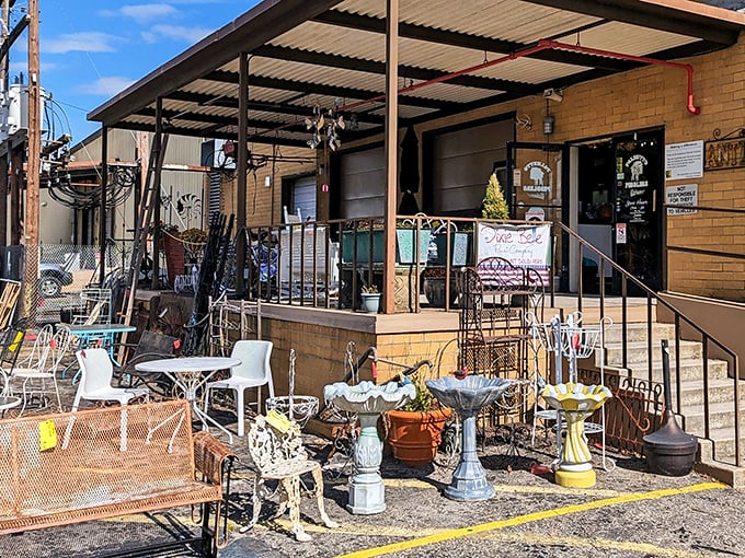 The outdoor treasure hunt begins before you even step inside. Wrought iron furniture and garden ornaments bask in the South Carolina sunshine, teasing what awaits within.