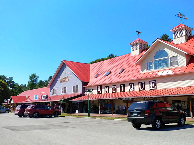 Another view of the village's distinctive architecture. Those red metal roofs aren't just pretty&mdash;they're practically a landmark for antique enthusiasts.