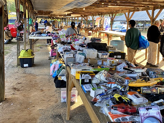 Treasure hunting begins under rustic wooden shelters where tables groan with possibilities. One person's random stuff becomes another's can't-live-without discovery.