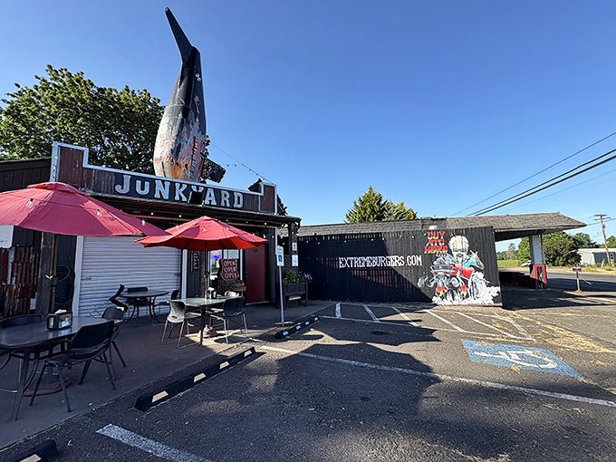 That marlin on the roof isn't just decoration—it's a beacon calling hungry travelers to burger paradise in Junction City.