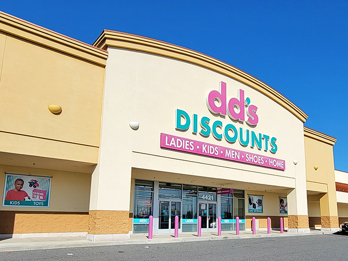 The pink and teal signage of dd's DISCOUNTS stands out like a beacon of bargain hope against the Delaware sky.