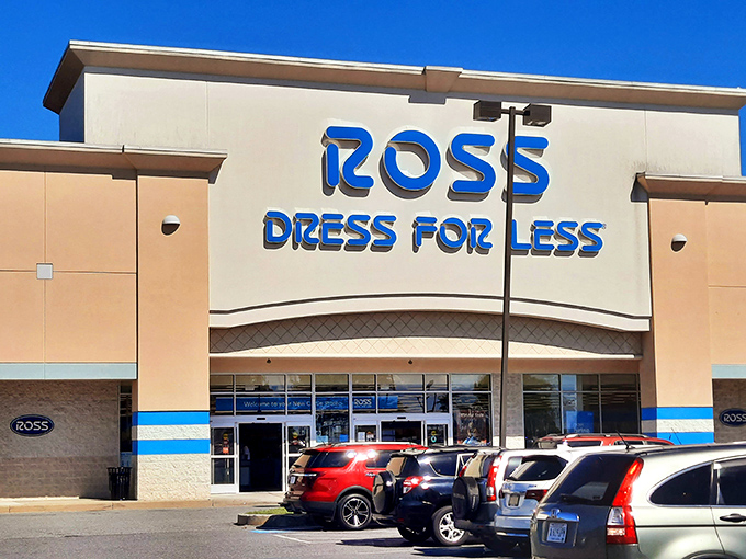 The iconic blue lettering against beige stucco &ndash; like a beacon of hope for fashionistas on a budget. Clear skies ahead for your wallet!