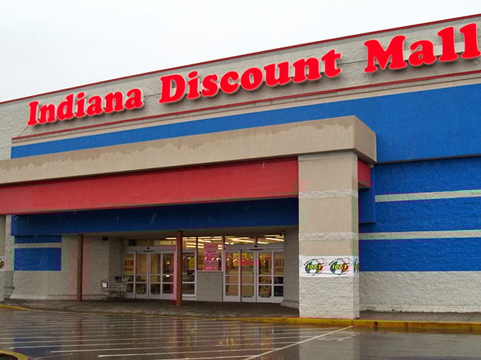 Rain or shine, the Indiana Discount Mall's vibrant entrance beckons shoppers with the promise of discoveries that big-box stores could only dream of offering.