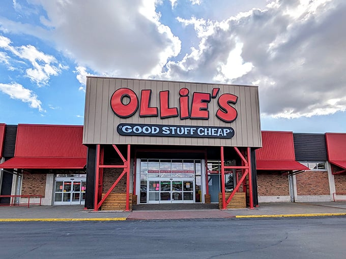 The iconic red and white Ollie's storefront promises treasure hunting adventures within. Their "Good Stuff Cheap" motto isn't just marketing—it's a way of life.