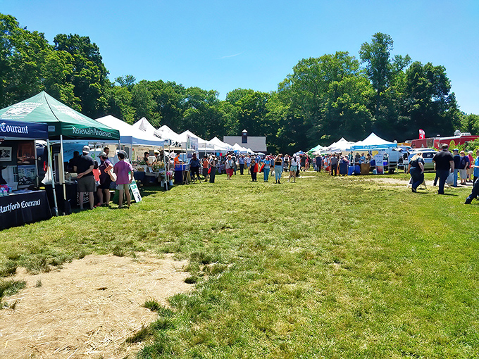 White tents stretch across the historic grounds like a village of culinary treasures, where every aisle promises a new Connecticut-grown discovery.