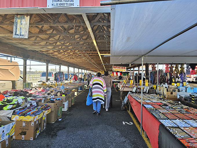 The iconic blue and yellow facade of Columbus Farmers Market stands ready for bargain hunters. New Jersey's oldest market has been welcoming shoppers since 1929.