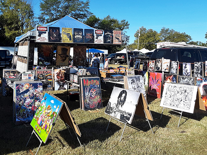 Treasure hunters paradise! Colorful posters and artwork create an outdoor gallery where pop culture meets folk art at this bustling Alabama marketplace.