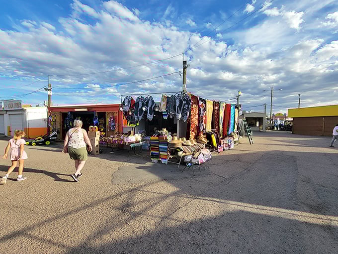 Colorful sarapes and leather jackets create a vibrant tapestry of merchandise under Arizona's impossibly blue sky.