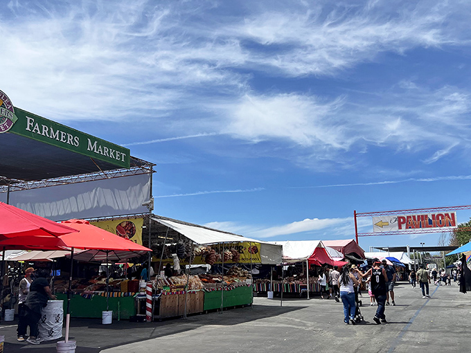 Wide aisles stretch endlessly ahead, promising discovery around every corner at this legendary San Jose marketplace.