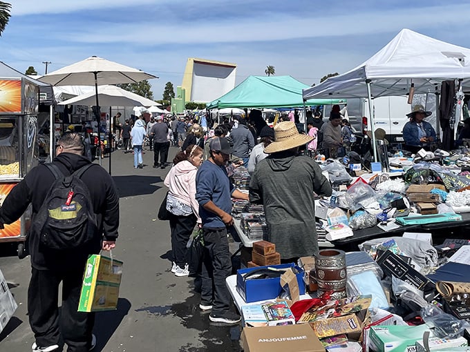 Bargain hunters roam the bustling aisles like pirates, chasing hidden gems under sun-soaked tents.