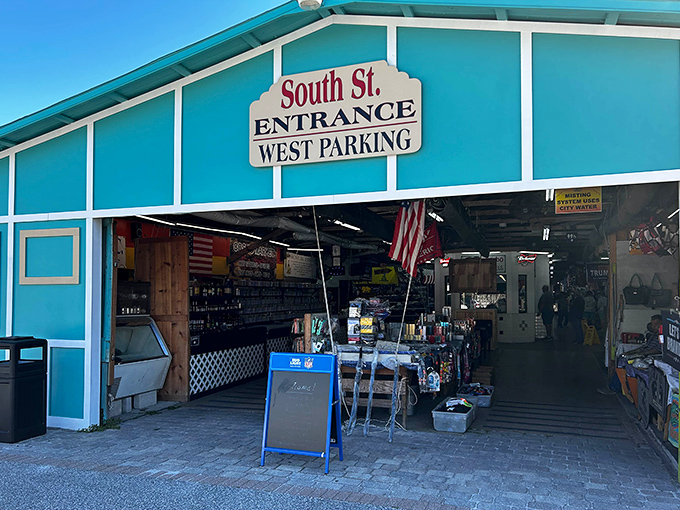 The turquoise facade of South St. Entrance welcomes treasure hunters like a portal to retail wonderland. Florida's answer to Aladdin's cave awaits inside.