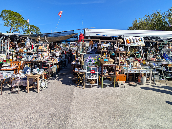 Treasure hunting paradise! Rows of antiques, collectibles, and curiosities stretch as far as the eye can see at Daytona's weekend wonderland.