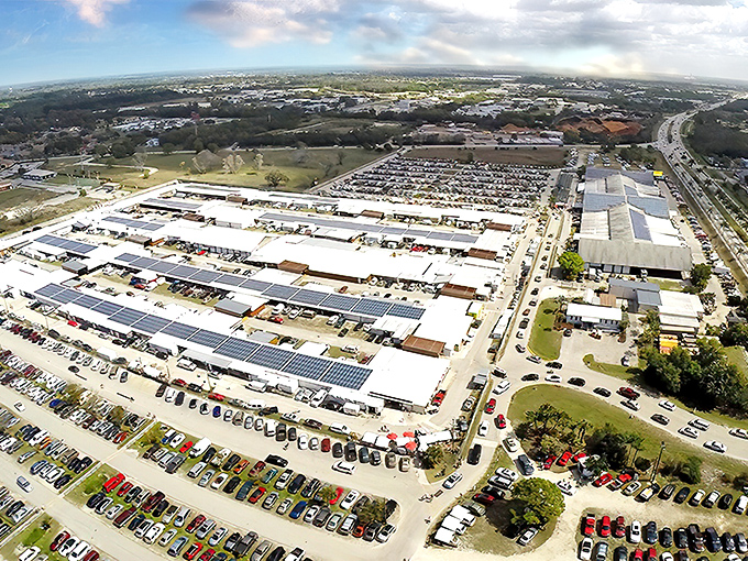 From this aerial view, Fleamasters resembles a small city dedicated to bargain hunting. The massive complex sprawls across acres, promising treasure in every corner.