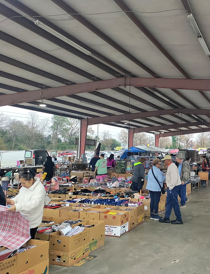 Under these simple metal rafters, treasure hunting begins. Cardboard boxes overflow with possibilities while shoppers scan for that perfect something nobody else spotted.