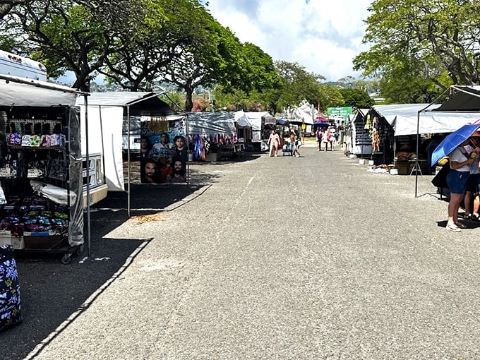 Rows of white tents line the pathways at Aloha Stadium Swap Meet, creating a shopper's paradise where treasures await around every corner.