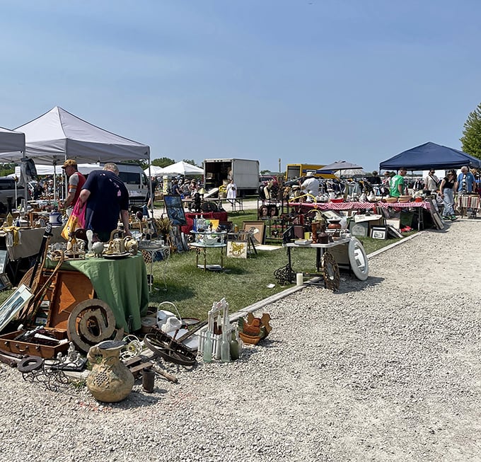 Outdoor vendors create a small city of possibility under the Illinois sky, where rusty gold and forgotten treasures await their second chance.