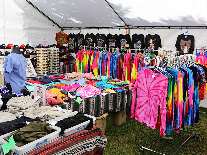 Vibrant tie-dye shirts and band tees create a rainbow of options for fashion-forward bargain hunters at this Indiana marketplace.