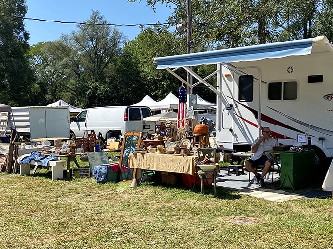 Treasure hunters paradise! Vendors set up shop alongside their RVs, creating a neighborhood of nostalgia where every table tells a different story.