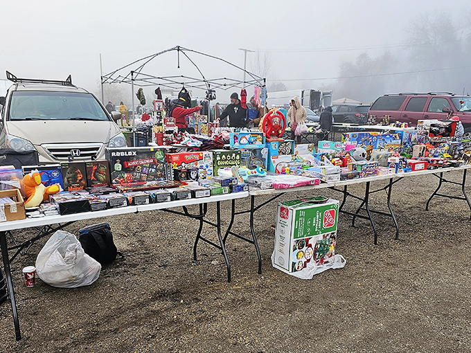 A chilly morning at the flea market, where tables overflow with toys and treasures waiting for the right bargain hunter to spot them.