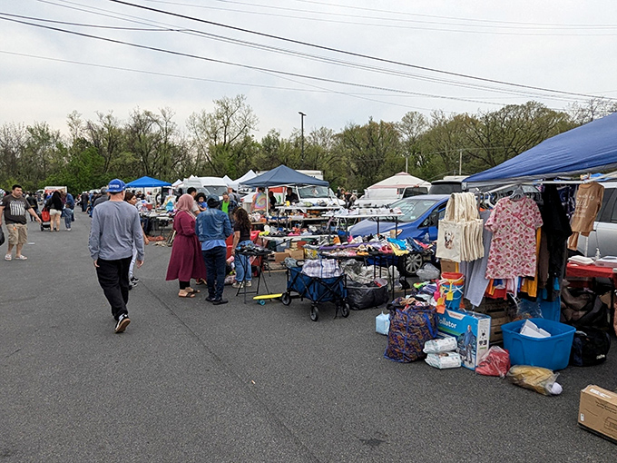 The outdoor overflow section proves that bargain hunting knows no weather boundaries at North Point Plaza.
