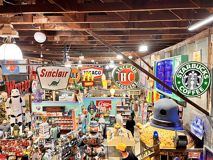 Vintage meets modern in this collector's paradise where Sinclair dinosaurs, Texaco stars, and even Starbucks logos create a colorful timeline of American advertising history.