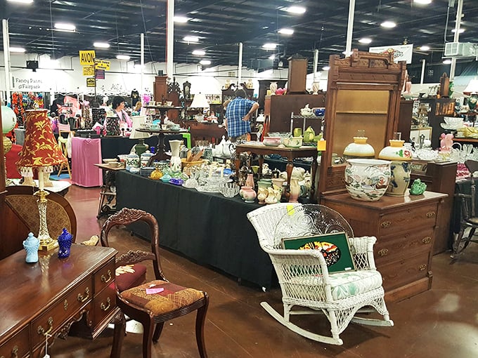 Treasure hunters paradise! Vintage furniture, wicker rockers, and curated collectibles await those willing to venture beyond the first aisle at Tupelo's legendary market.