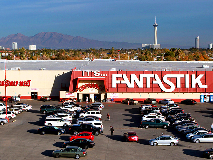 From this aerial view, you can spot the Stratosphere Tower in the background&mdash;a reminder that Vegas treasures come in both high-roller and bargain varieties.