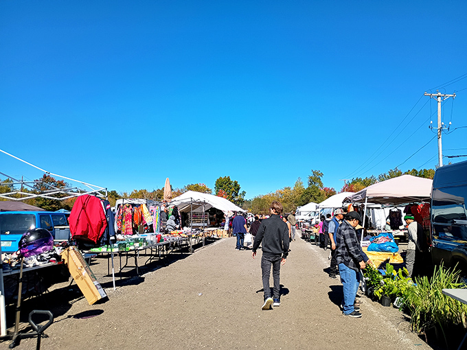Early birds navigate the outdoor marketplace where pop-up tents create a temporary city of commerce under New Hampshire's vast blue sky.
