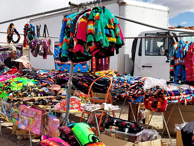 A rainbow explosion of textiles that would make Joseph's technicolor dreamcoat look monochromatic. Navajo blankets and colorful garments await treasure hunters.