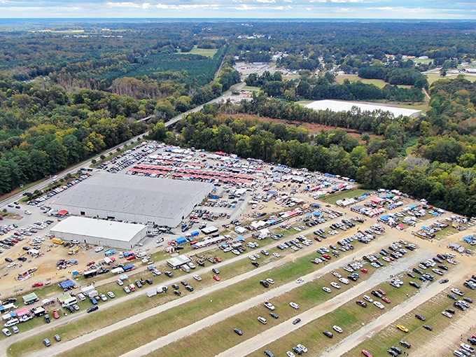 From above, Brightleaf Flea Market resembles a colorful patchwork quilt of opportunity, where treasure hunters gather by the hundreds every weekend.