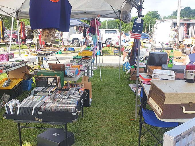 A treasure hunter's paradise unfolds between canvas tents, where DVDs and collectibles await new homes. Every aisle promises that next great find you didn't know you needed.