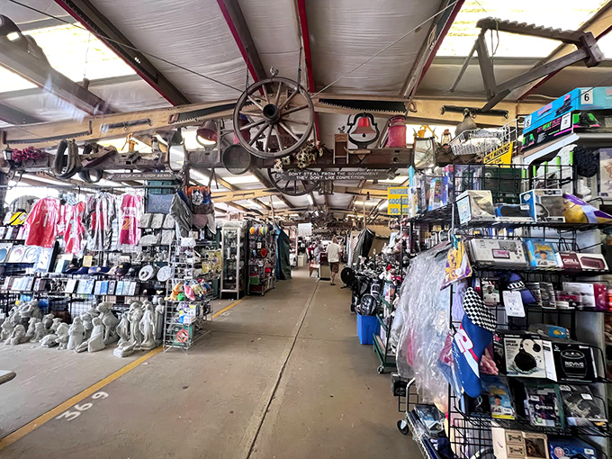 Where treasure hunting becomes an Olympic sport! Wagon wheels and vintage wares hang from the ceiling, creating a rustic time-travel experience.