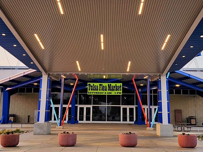 The colorful entrance to Tulsa Flea Market beckons with its vibrant columns&mdash;architectural jazz hands saying "treasures await inside!"