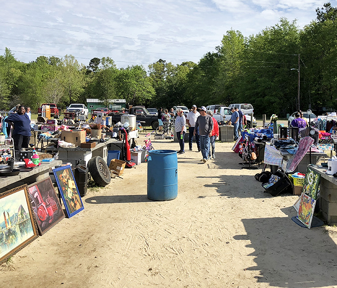 The treasure hunt begins! Sunlight bathes this sandy marketplace where one person's castoffs become another's must-haves, all under South Carolina's generous sky.