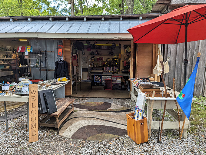 A rustic vendor stall welcomes treasure hunters with its "welcome" sign and eclectic mix of merchandise. Every booth tells a story waiting to be discovered.