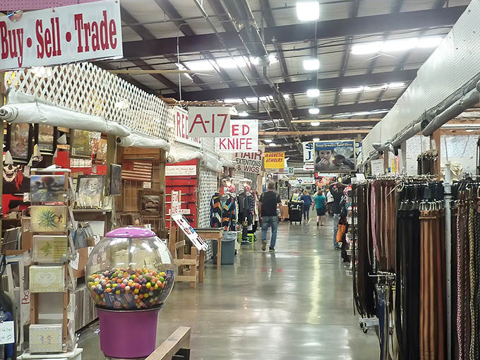 Treasure hunting at its finest! The main aisle stretches before you like a runway of possibilities, with leather belts and gumball machines competing for your attention.