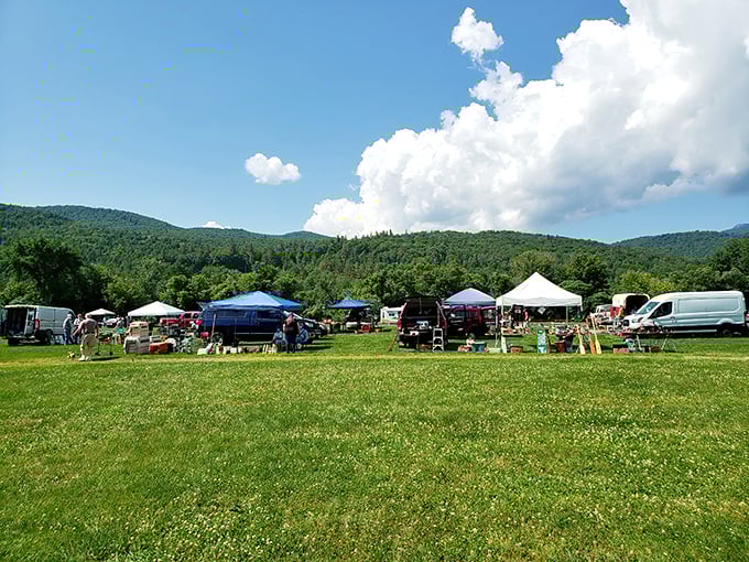 A patchwork of colorful tents against Vermont's green mountains&mdash;bargain hunter's paradise in full summer glory.