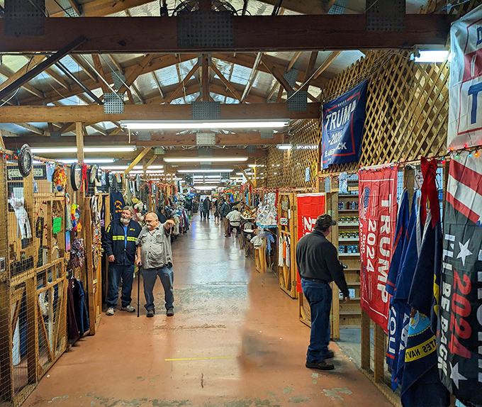 The main corridor stretches like a treasure map come to life, with wooden beams overhead and endless possibilities waiting in every stall.