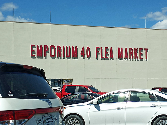 The bold red letters against stark white walls aren't just signage&mdash;they're a beacon for bargain hunters across Indianapolis. Treasure awaits inside!