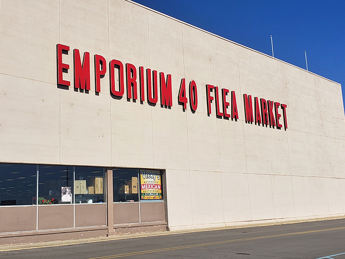 The bold red letters against stark white walls aren't just signage&mdash;they're a beacon for bargain hunters across Indianapolis, promising treasures within.