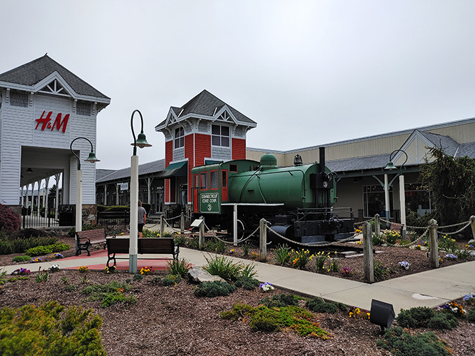 A vintage-style train display adds whimsical character to the shopping experience. Who knew bargain hunting could come with a side of nostalgia?