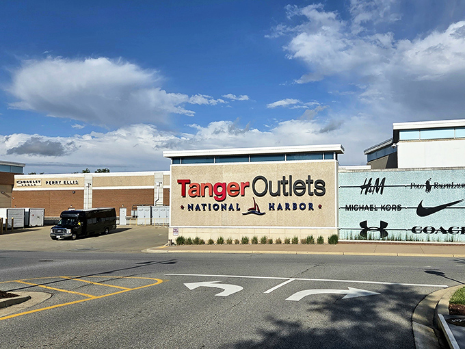 The clean, modern exterior of Tanger Outlets lets the bold logo do all the talking, promising big brands and even bigger deals inside.